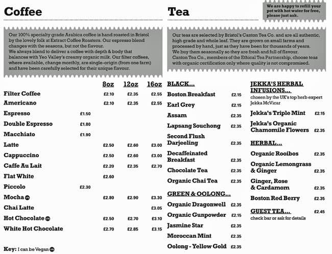 Menu at Boston Tea Party Birmingham cafe, Birmingham, 190 Corporation St
