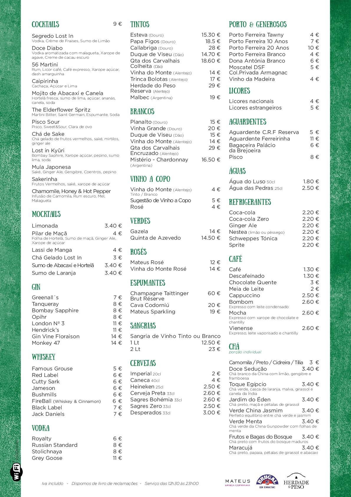 Menu at Lost In cafe, Lisbon