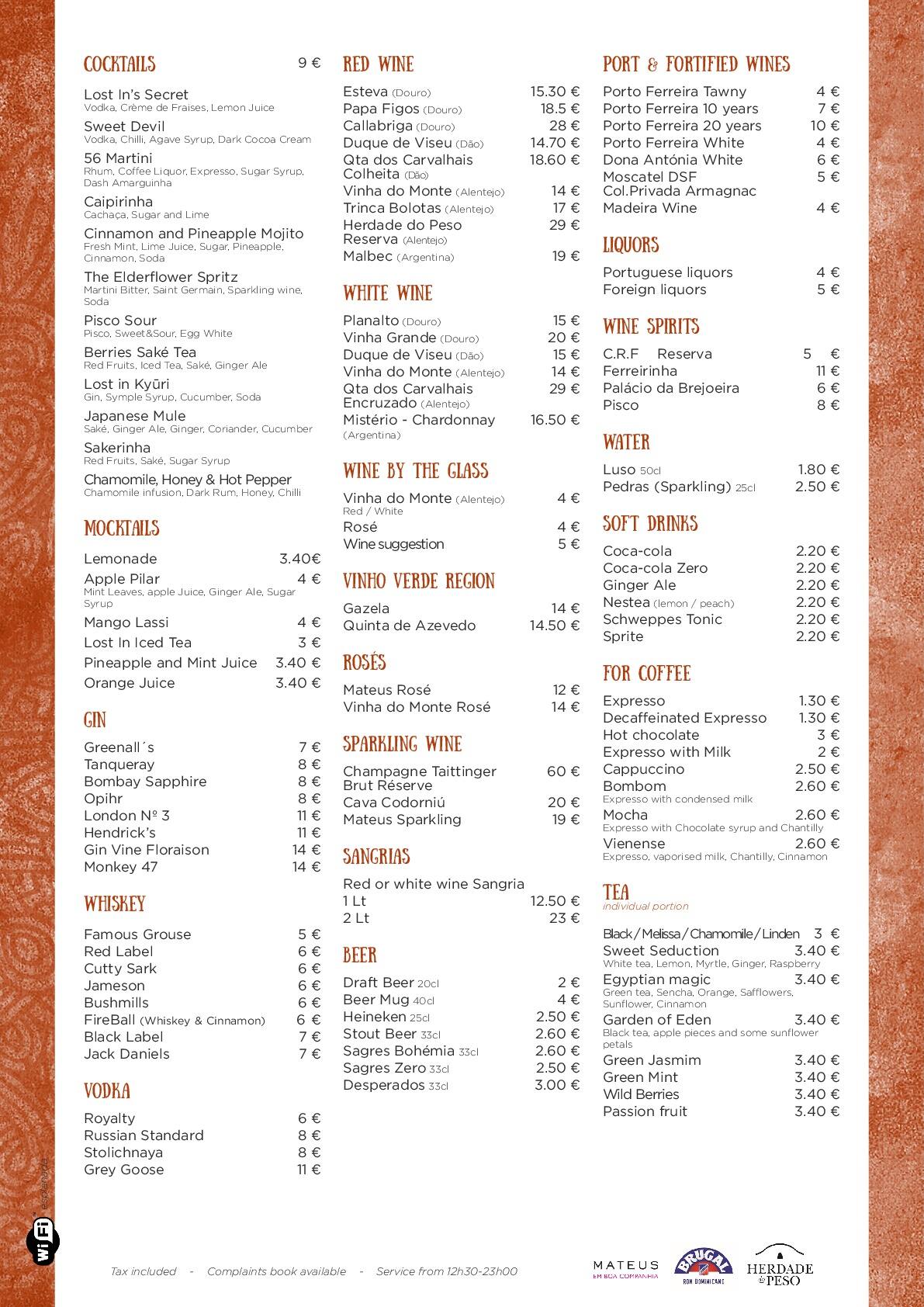 Menu at Lost In cafe, Lisbon