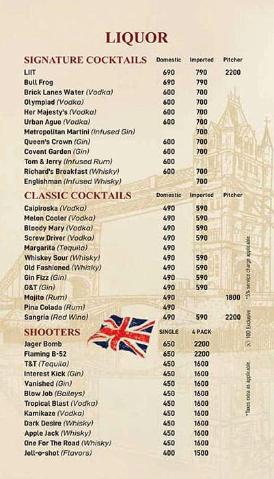 Menu of 10 Downing Street, Begumpet, Hyderabad
