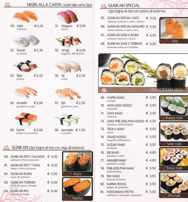 Menu at Kyo, Milan, Viale Premuda