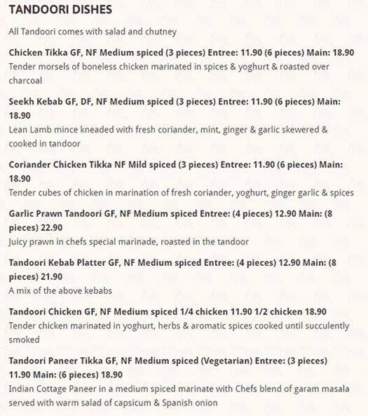 Menu at Chefs of Tandoori fast food, Malvern, 283 Unley Rd