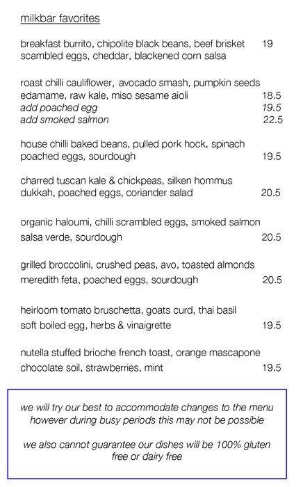 Menu at Milkbar & Co, Mount Martha