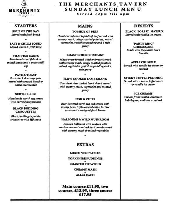 Menu at The Merchants Tavern pub & bar, Newcastle upon Tyne