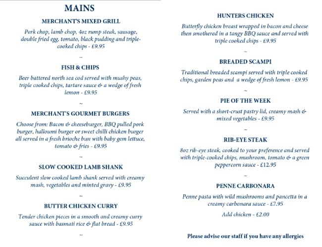 Menu at The Merchants Tavern pub & bar, Newcastle upon Tyne