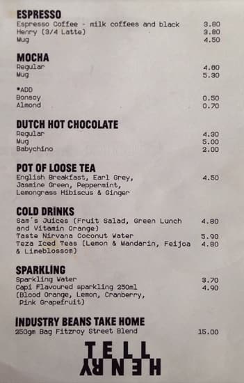 Menu at Tell Henry cafe, Kent Town, 39a Rundle St