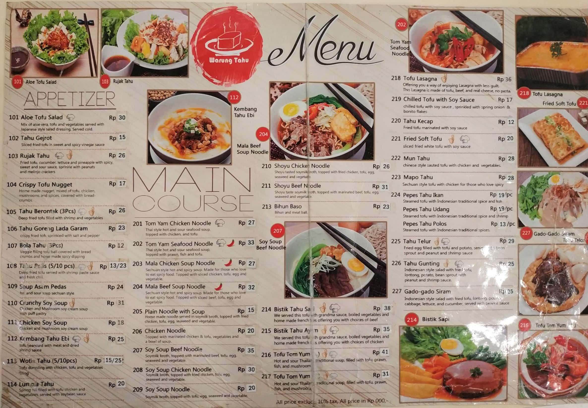 Menu at Warung Tahu kelapa gading restaurant, North Jakarta