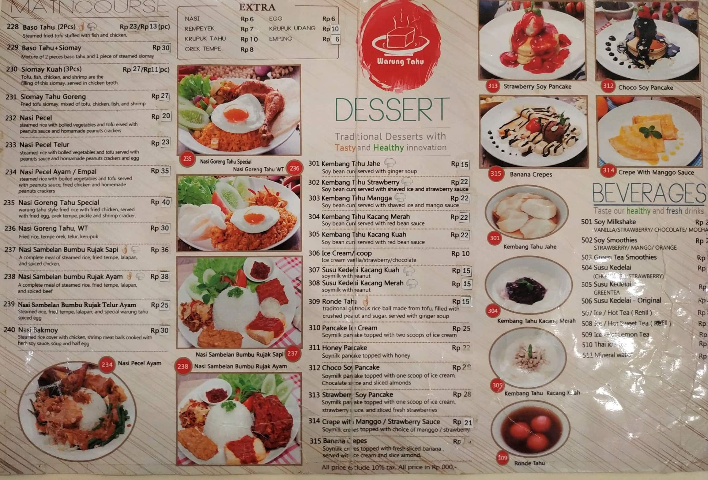 Menu at Warung Tahu kelapa gading restaurant, North Jakarta
