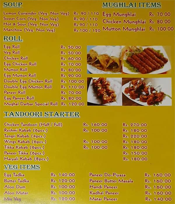 Menu at Mughal Darbar, Siliguri