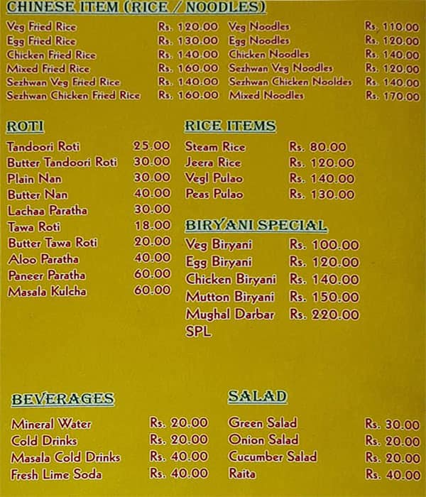 Menu at Mughal Darbar, Siliguri