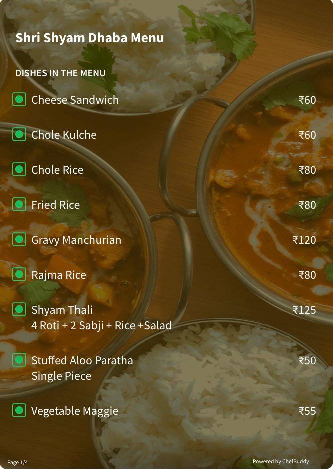 Menu of Shri Shyam Da Dhaba, Sector 15, Gurgaon