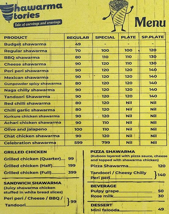 Menu of Shawarma Stories, Kolathur, Chennai