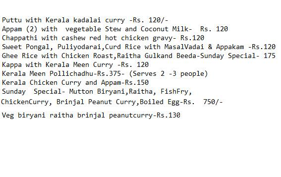 Menu of Rani Amma's Kitchen, Kottivakkam, Chennai