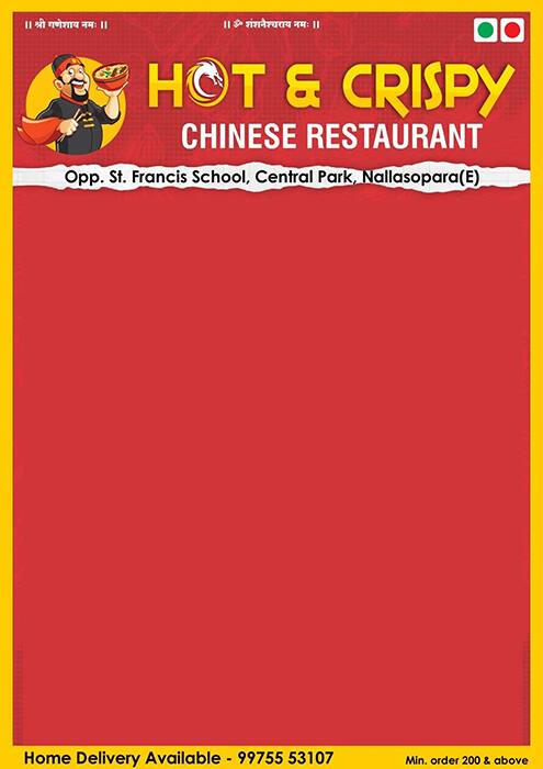 Menu of Hot & Crispy Chinese Restaurant, Nalasopara, Mumbai