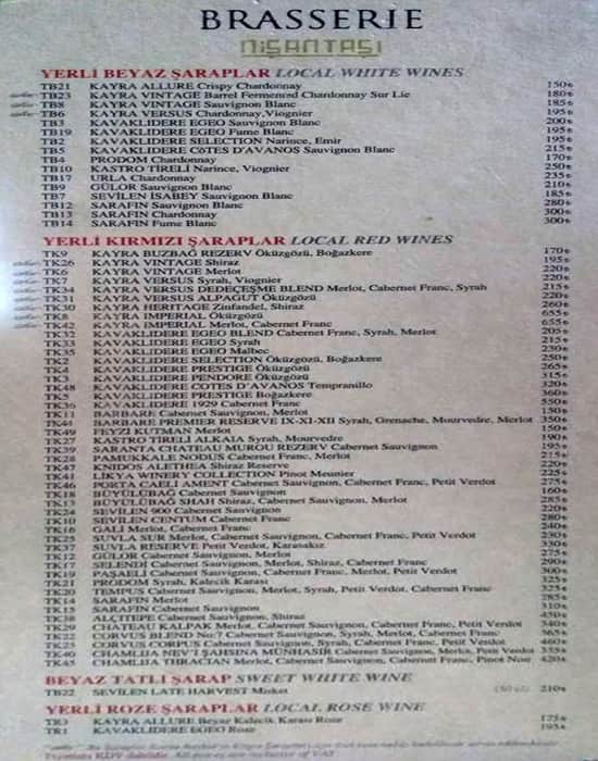 Menu at Beymen Brasserie, Istanbul, Abdi Ipekci Cad. No: 23/1 Nisantasi ...
