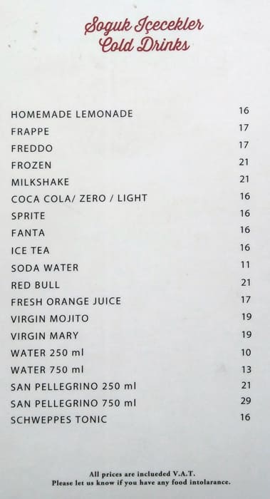 Menu at Fiamma Restaurant, Istanbul