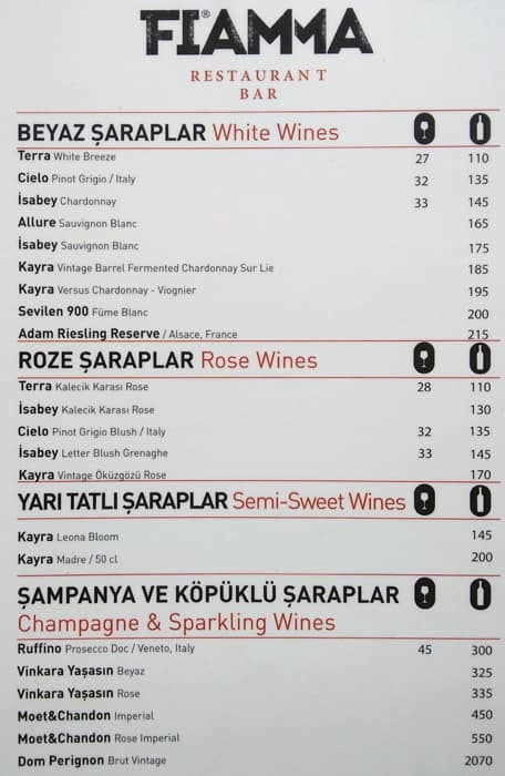Menu at Fiamma Restaurant, Istanbul