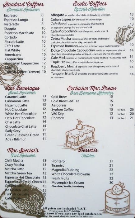 Menu at Fiamma Restaurant, Istanbul