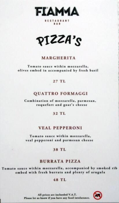 Menu at Fiamma Restaurant, Istanbul