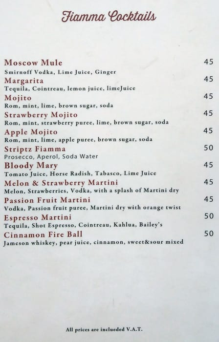 Menu at Fiamma Restaurant, Istanbul