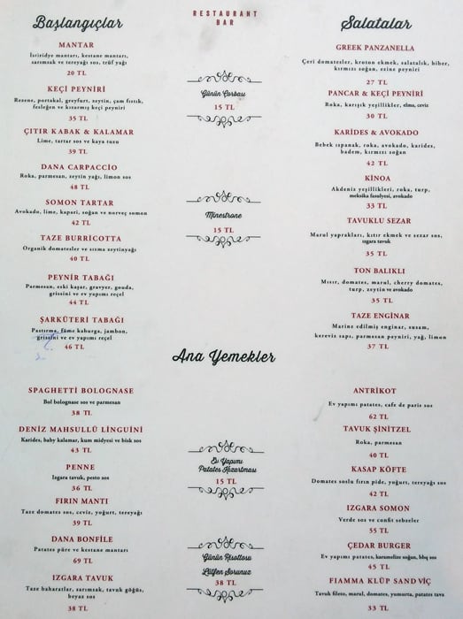 Menu at Fiamma Restaurant, Istanbul