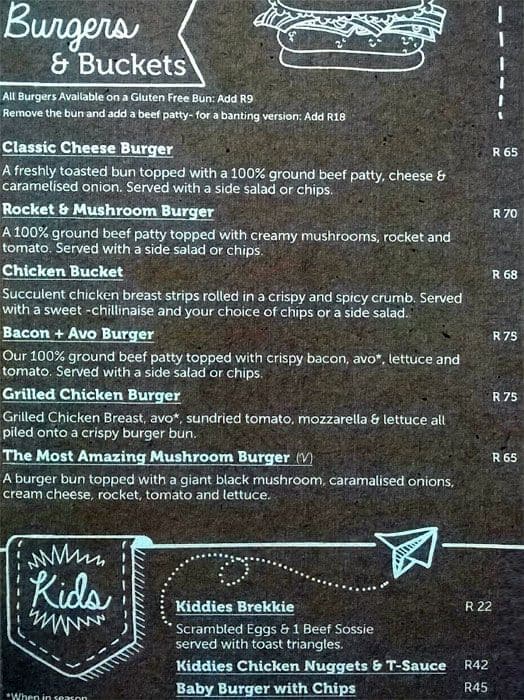 Menu at Just Darling cafe, Johannesburg South