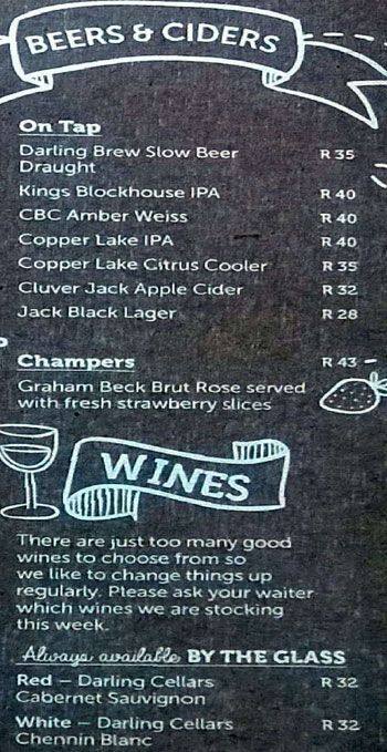 Menu at Just Darling cafe, Johannesburg South