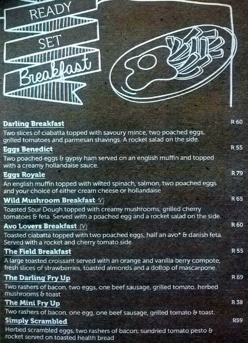 Menu at Just Darling cafe, Johannesburg South