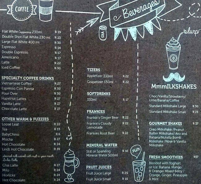 Menu at Just Darling cafe, Johannesburg South