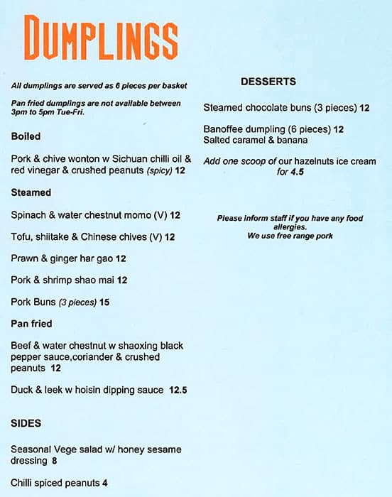 Menu at Xuxu Dumpling Bar, Auckland