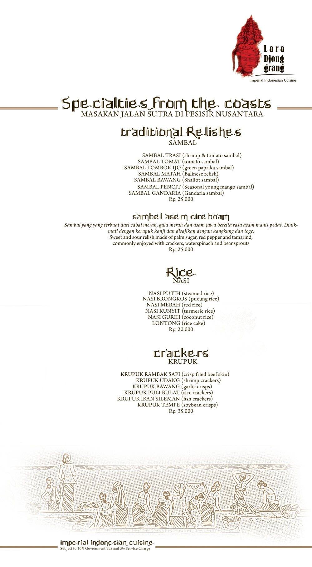 Menu at Lara Djonggrang restaurant, Jakarta