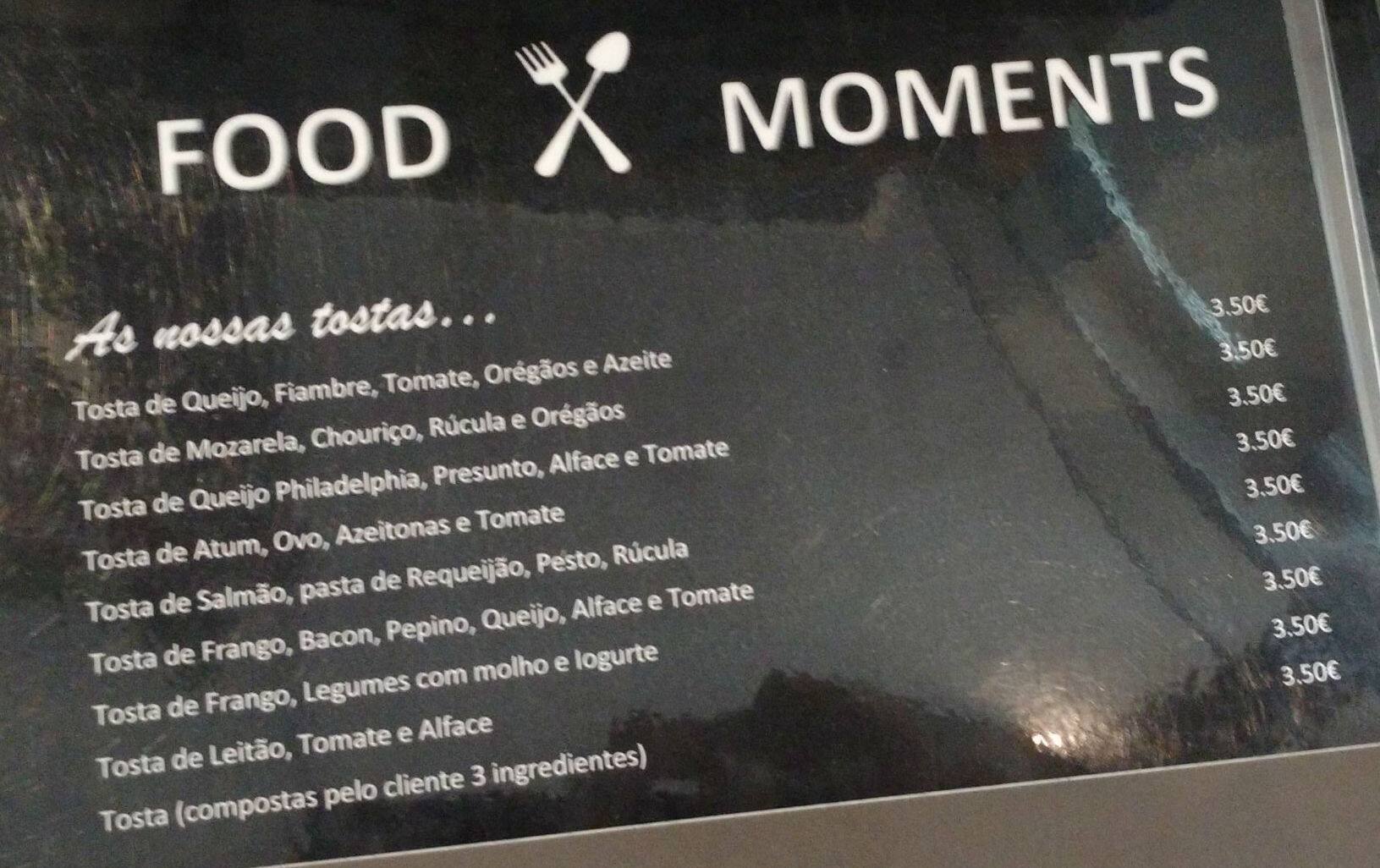 Menu at Food Moments restaurant, Lisbon