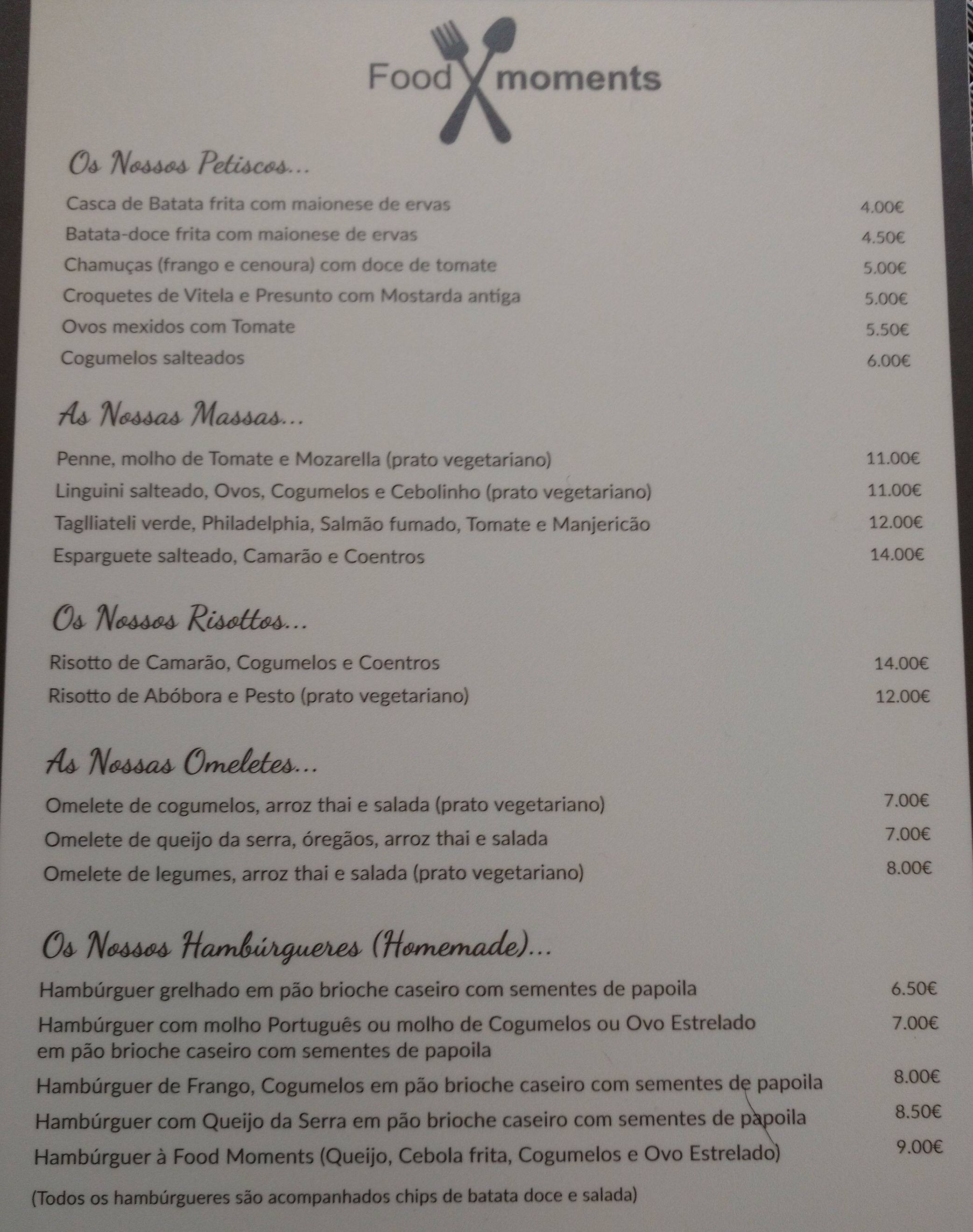 Menu at Food Moments restaurant, Lisbon