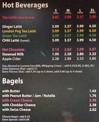 Menu at Coffee Exchange cafe, Toronto