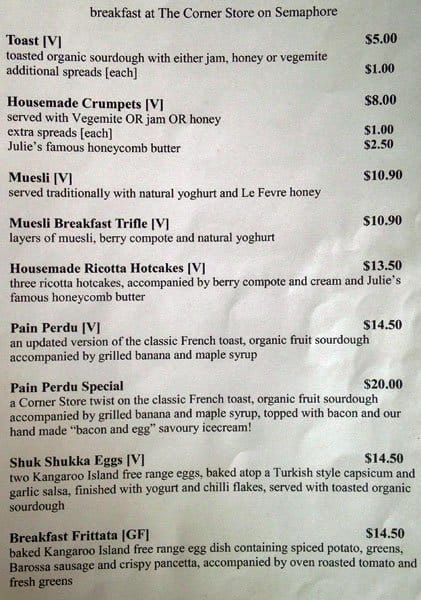 Menu at The Corner Store on Semaphore restaurant, Semaphore