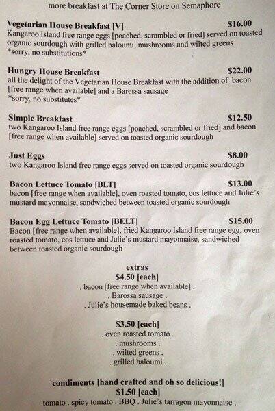 Menu at The Corner Store on Semaphore restaurant, Semaphore