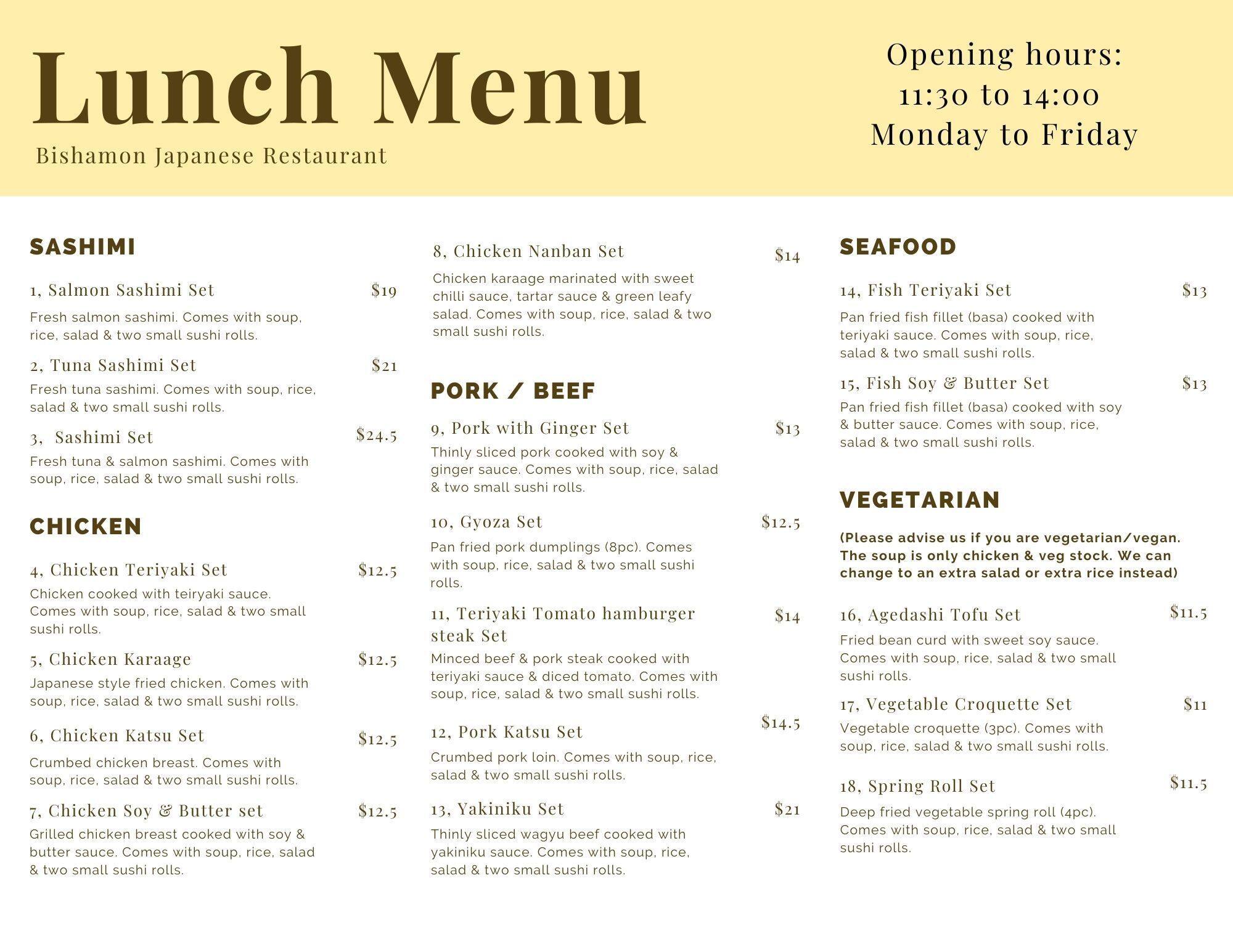 Menu at Bishamon Japanese Restaurant, Spring Hill
