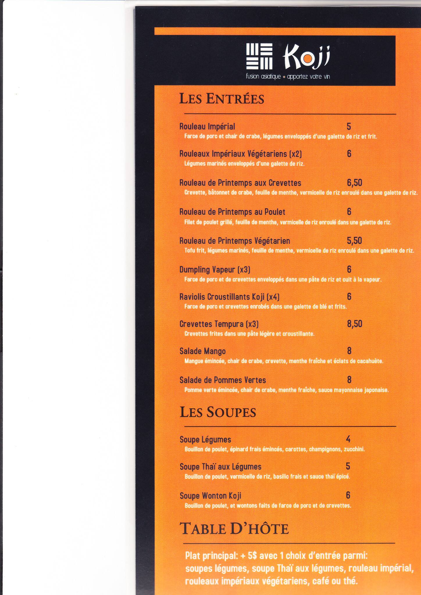 Menu au Koji restaurant, Montréal