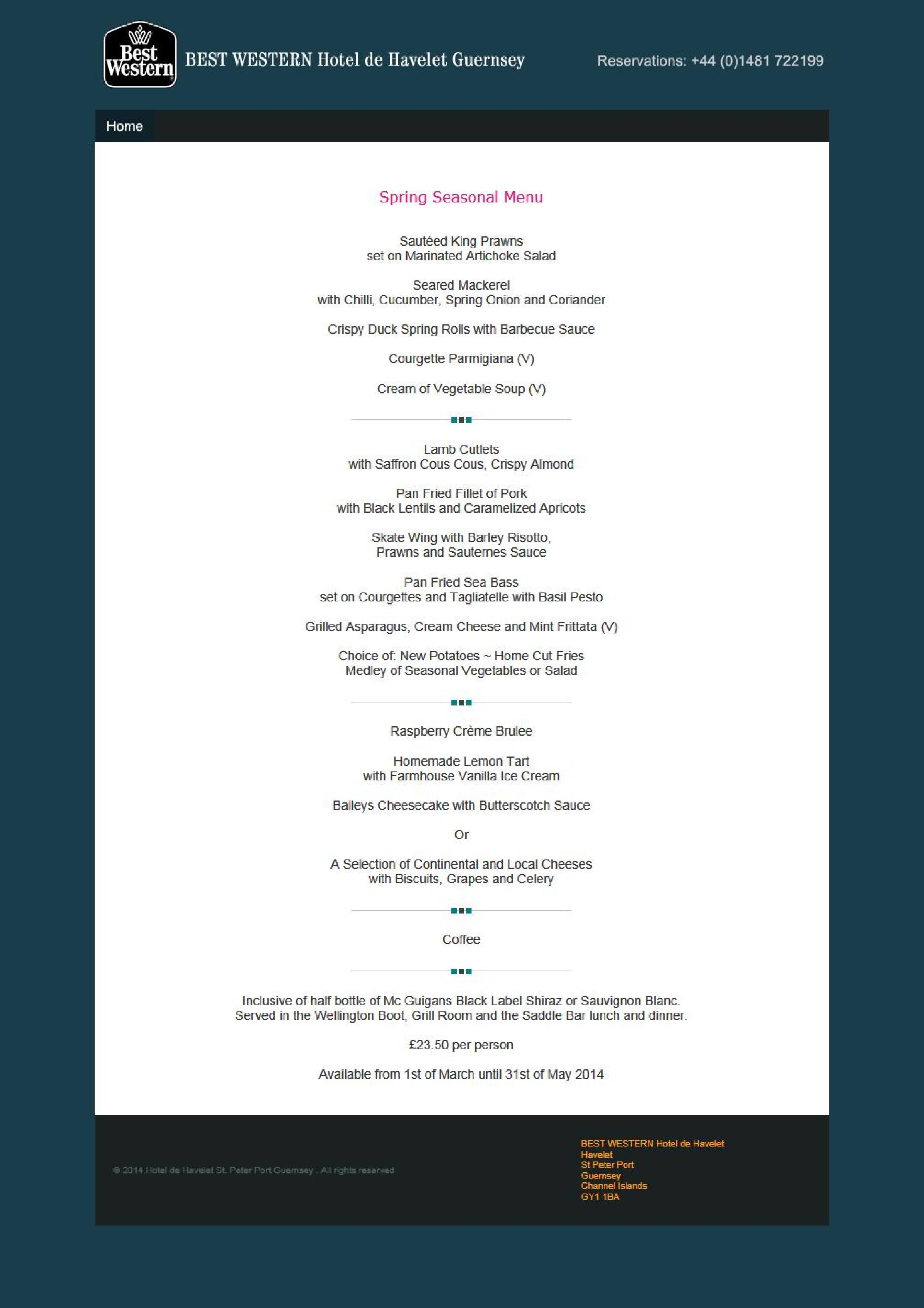 Menu at The Wellington Boot and The Havelet Grill, England