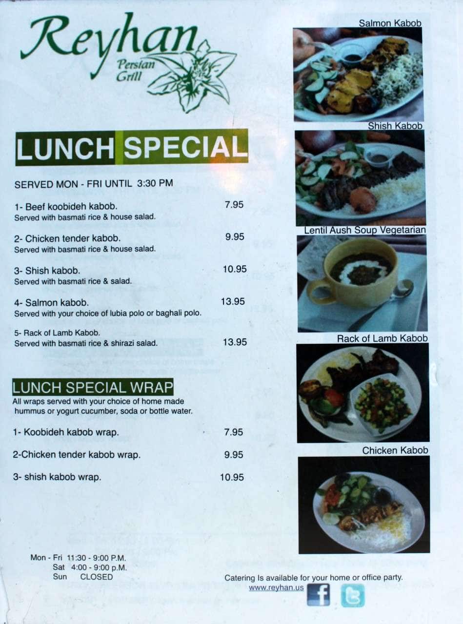 Menu at Reyhan Persian Grill restaurant, Culver City