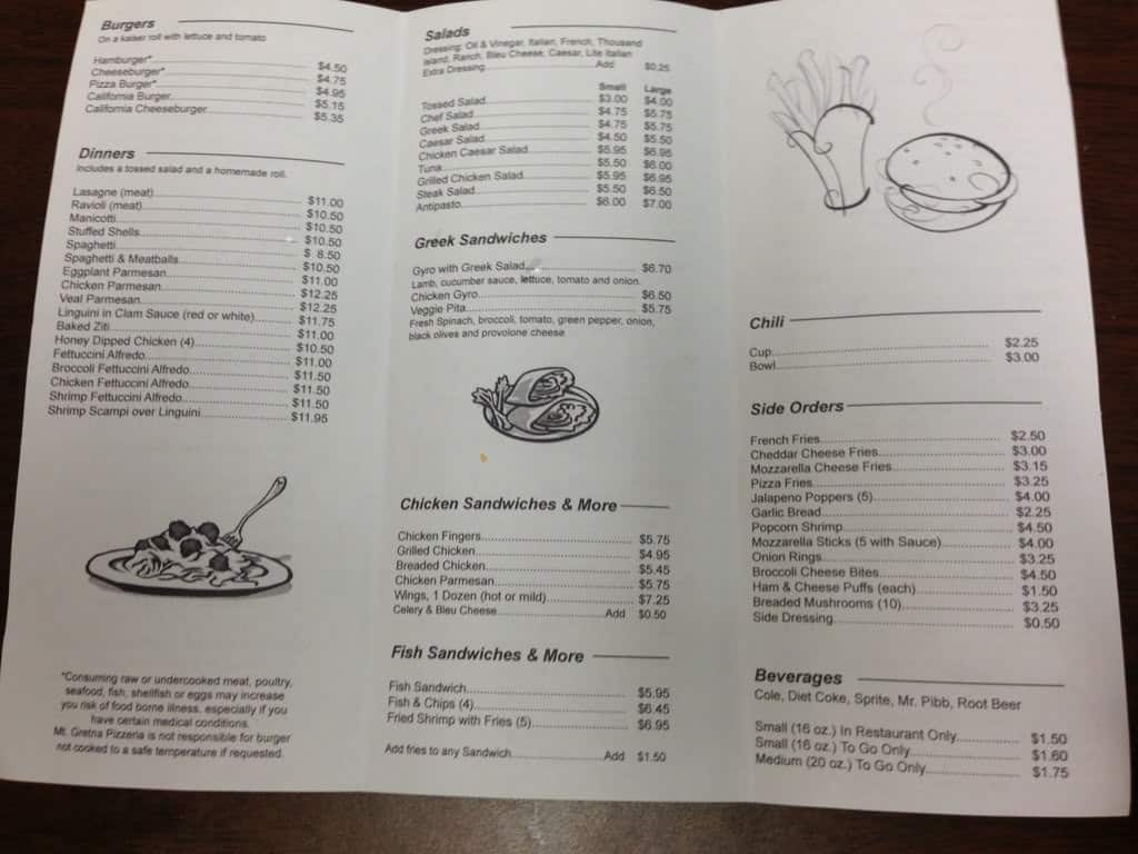 Menu at Mt Gretna Pizzeria, Quentin