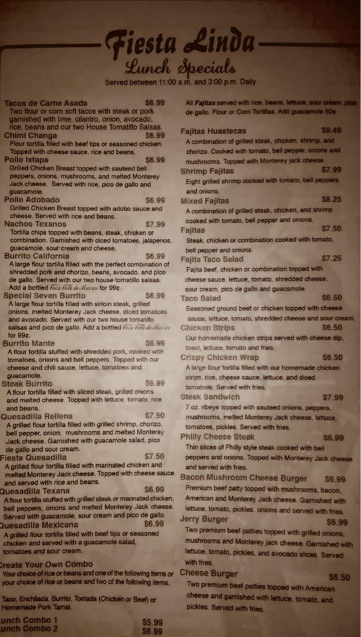 Menu at Fiesta Linda restaurant, Bastrop