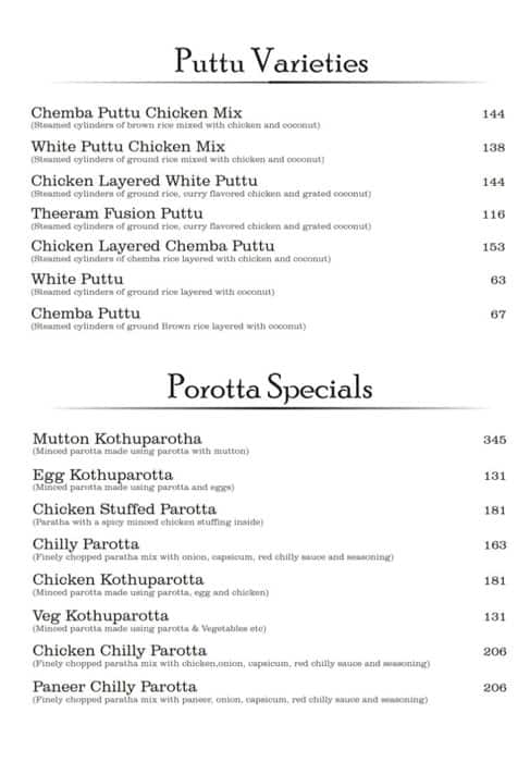 Menu of Theeram, Santacruz East, Mumbai