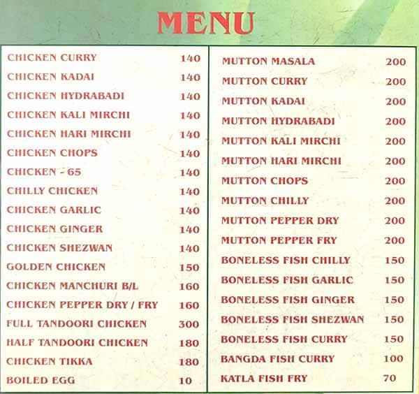 Menu at New Hanuman Pulao, Mysuru