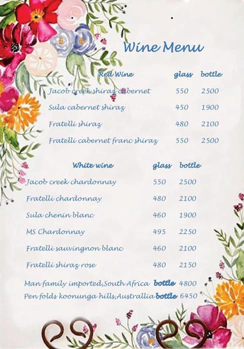 Menu of Bohemians, Indiranagar, Bangalore