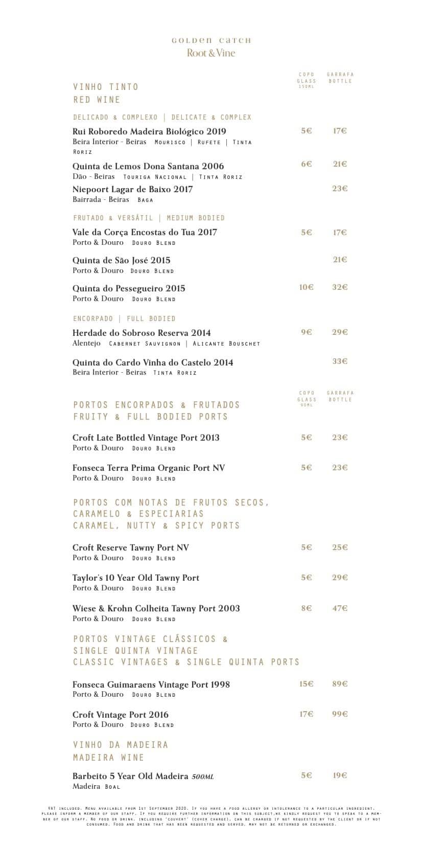 Menu at Root & Vine restaurant, Vila Nova de Gaia