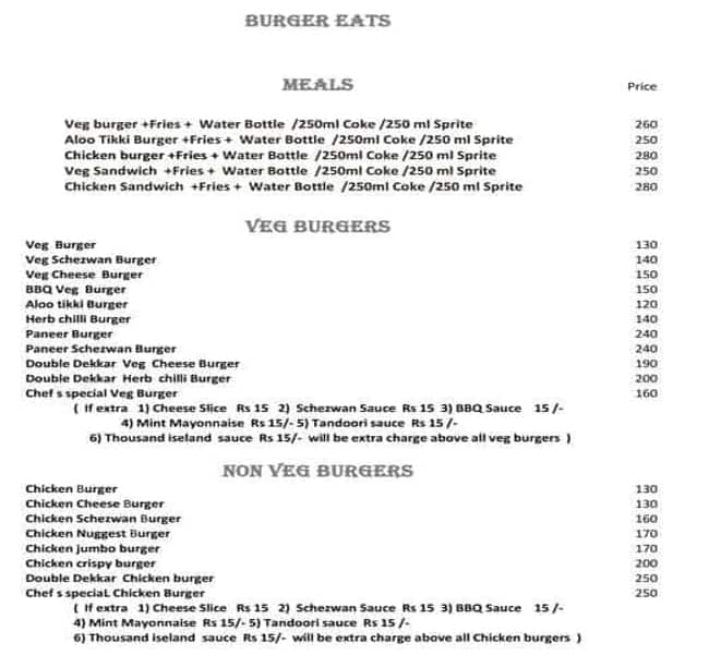 Menu of Burger Eats, Hinjawadi, Pune