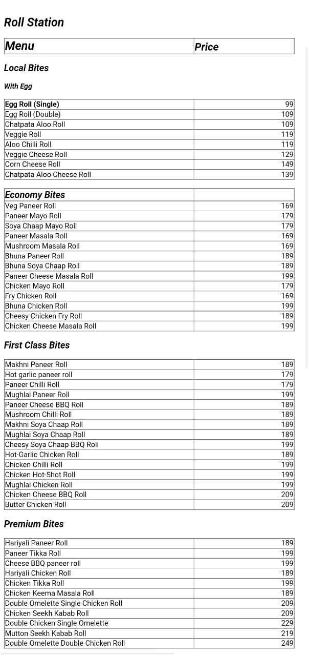Menu of Roll Station, Kashmiri Gate, New Delhi