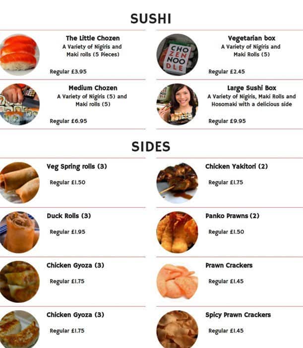 Menu at Chozen Noodle restaurant, London, The Mercury Shopping Centre