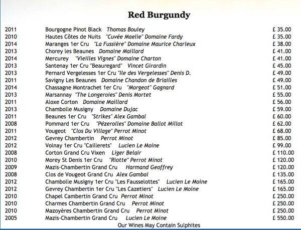 Menu at Le Colombier restaurant, London